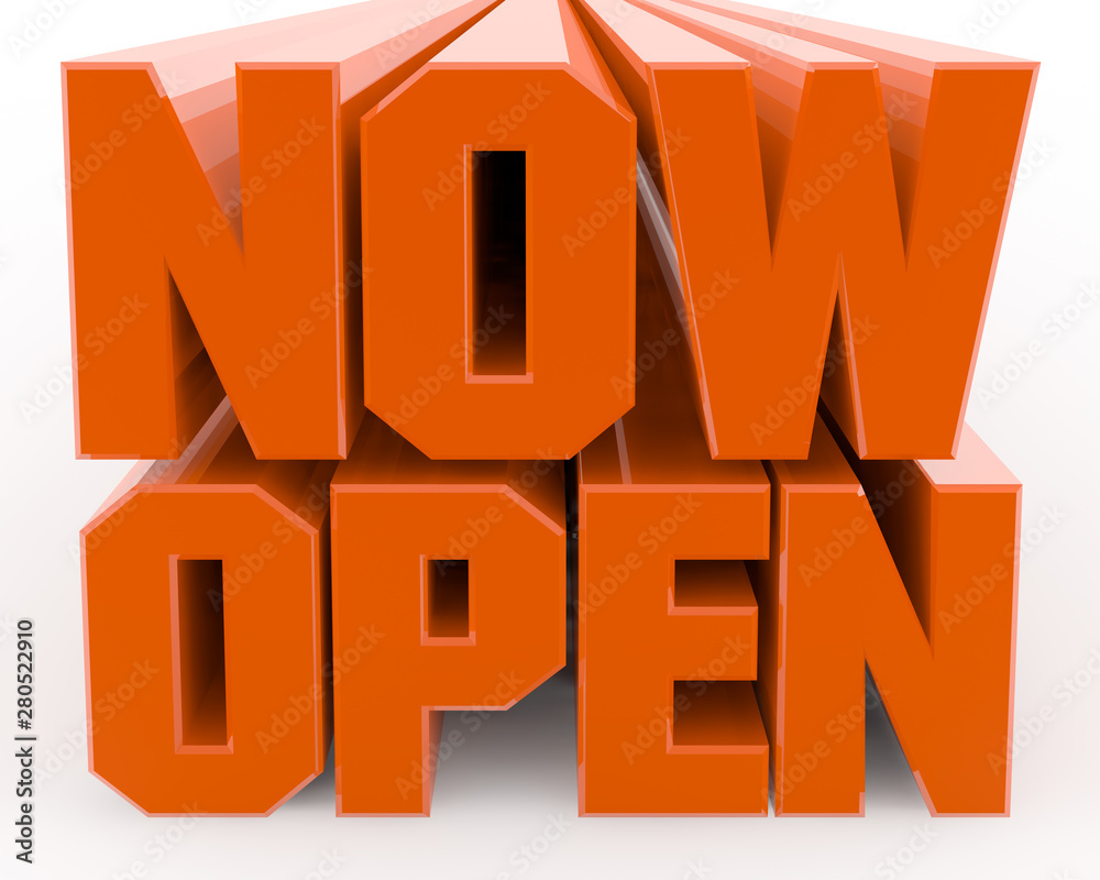 3D NOW OPEN word on white background illustration 3D rendering Stock ...
