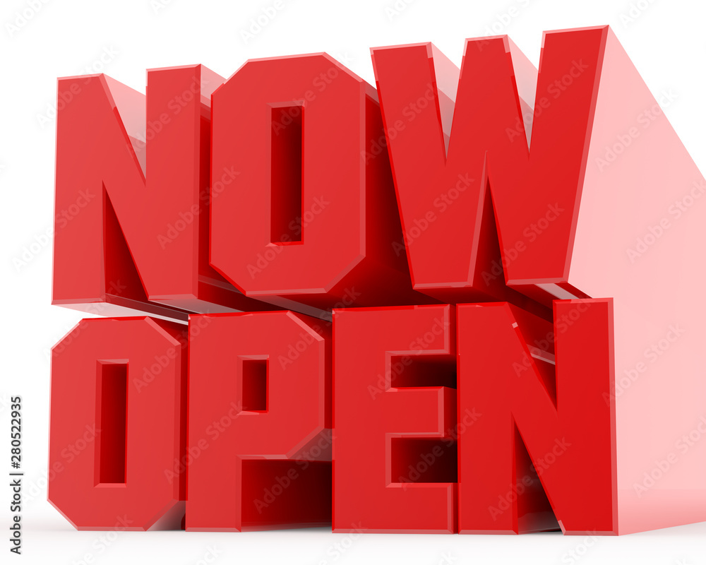 3D NOW OPEN word on white background illustration 3D rendering Stock ...