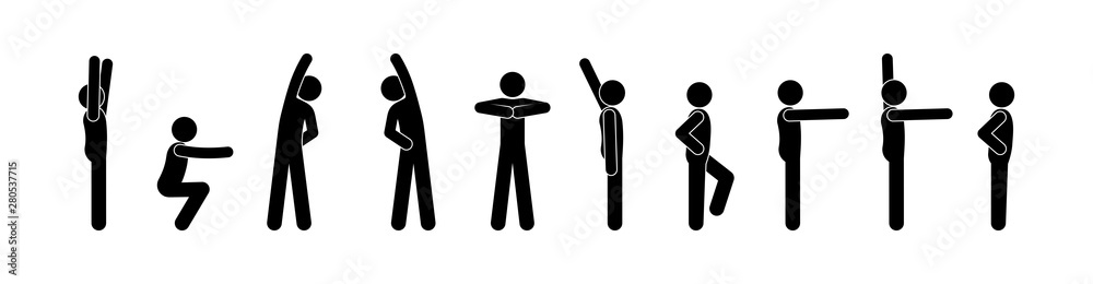 people do gymnastics, set of icons of various exercises, pictogram man ...