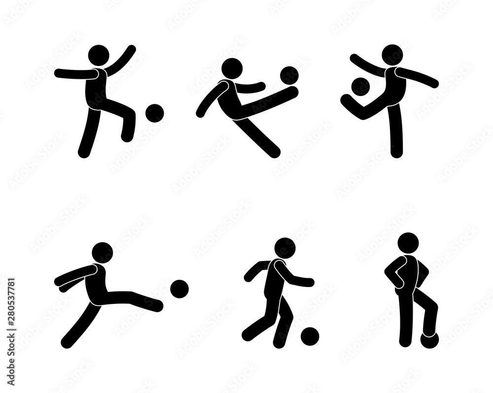 soccer player icon set, pictogram man with ball, stick figure human ...