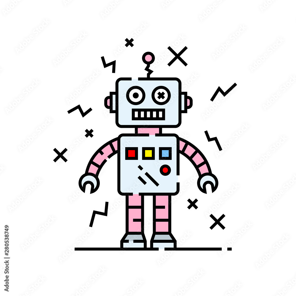 Broken robot line icon. Silly damaged robotic character cartoon. Vector ...