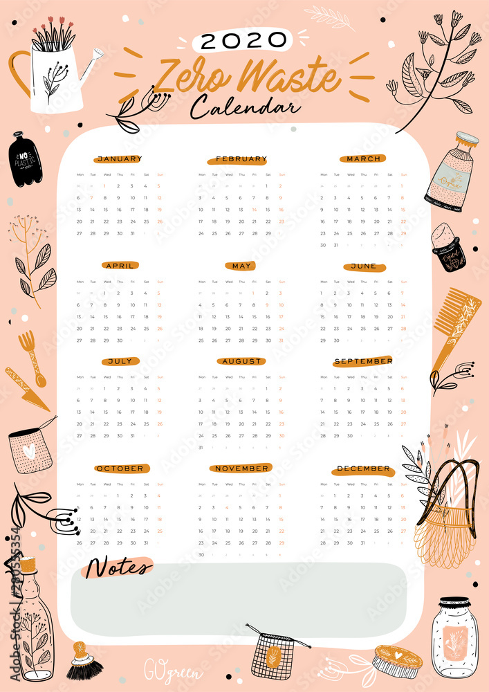 Cute Zero Waste 2020 Calendar. Yearly Planner Calendar with all Months ...