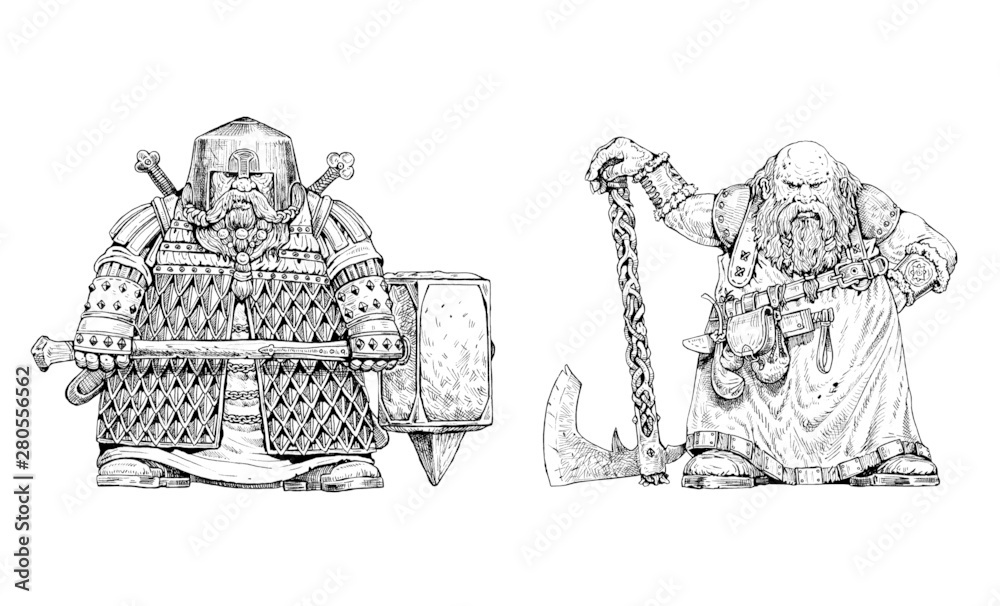 Dwarves warriors drawing. Ink fantasy illustration. Dwarf with ax ...