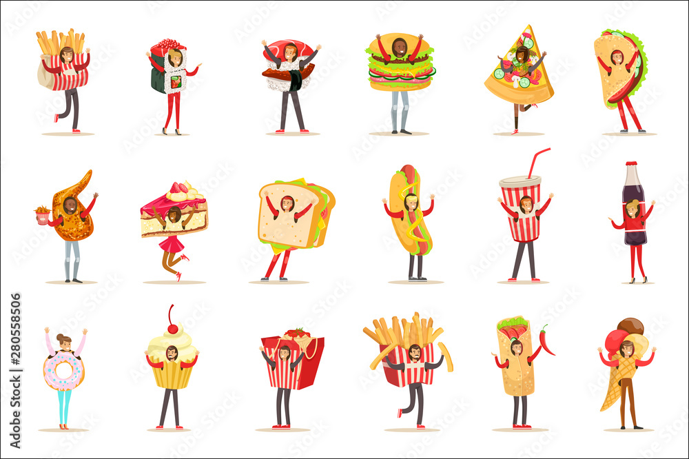 People Wearing Fast Food Snacks Costumes Disguised As Cafe Menu Items ...