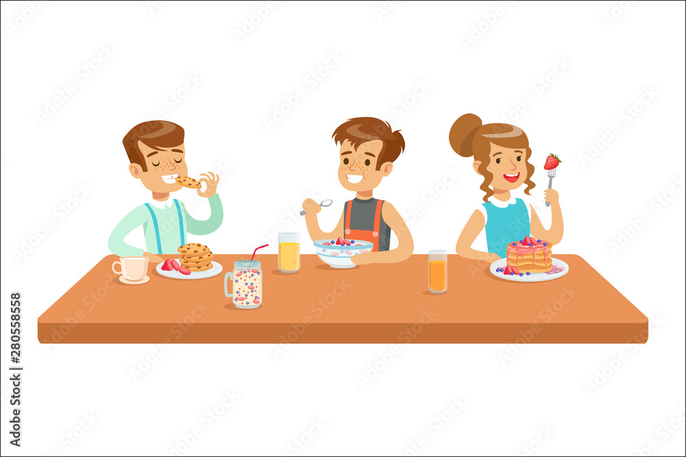 Kids Eating Brekfast And Lunch Food And Drinking Soft Drinks Set Of ...