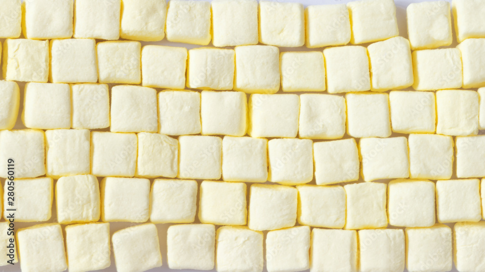 Yellow marshmallow pattern. Flat lay, top view minimal texture. Sweet ...