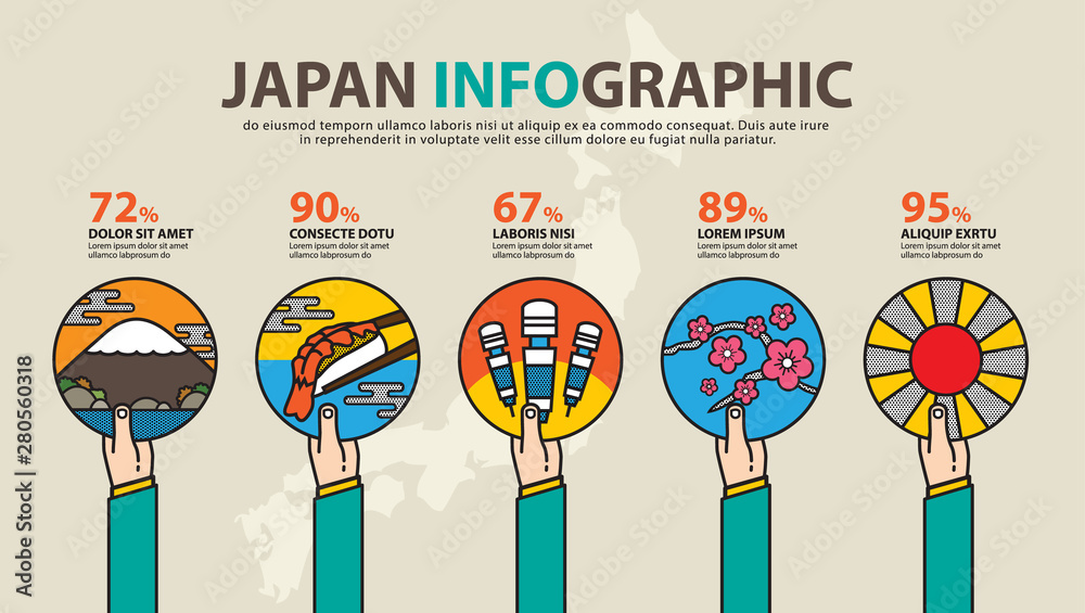 Japan culture symbol infographic vector. sign fuji mountain, japan food ...