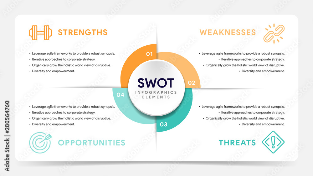 Four colorful elements with text inside placed around circle. Concept ...