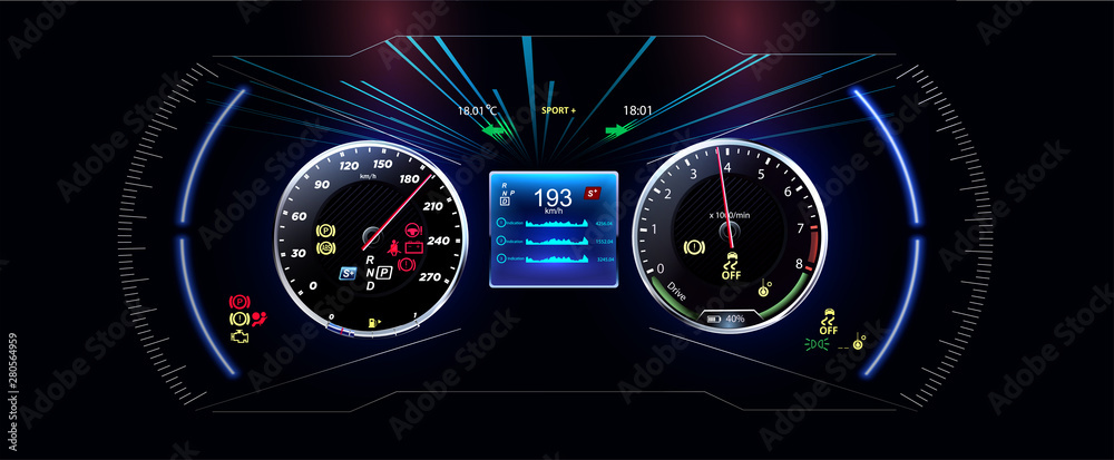 Speed motion background with fast speedometer car. Futuristic HUD, GUI ...
