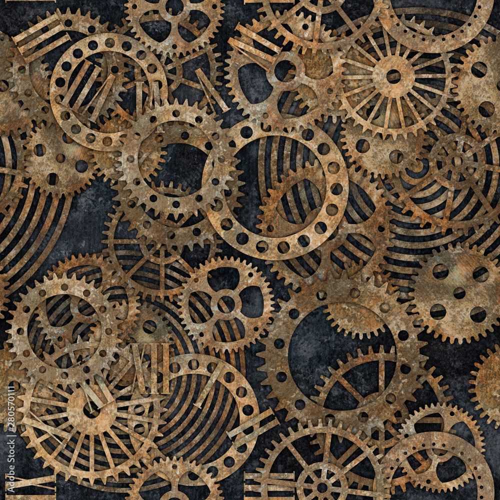Steampunk gear collection with rust texture seamless pattern Stock ...