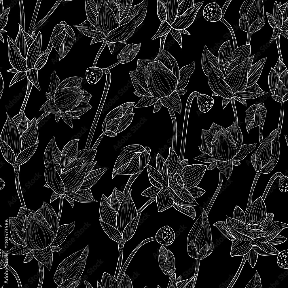 Water lily hand draw outline art seamless vector pattern in black and ...