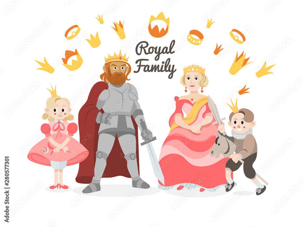 Royal family king queen princess prince in cartoon style characters set ...