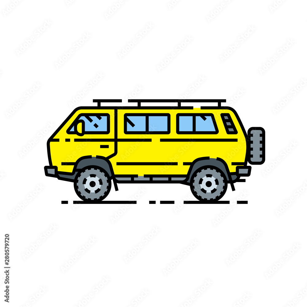 4WD van line icon. Offroad microbus symbol. Yellow all-terrain 4x4 ...