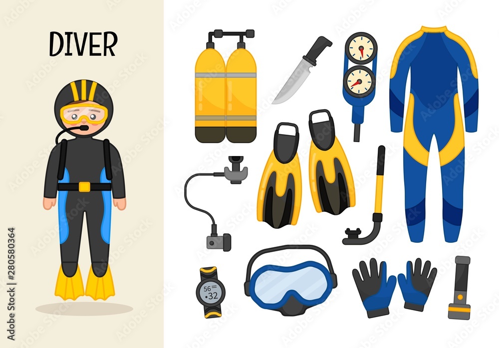 Vector character diver. Illustrations of diver equipment. Set of ...