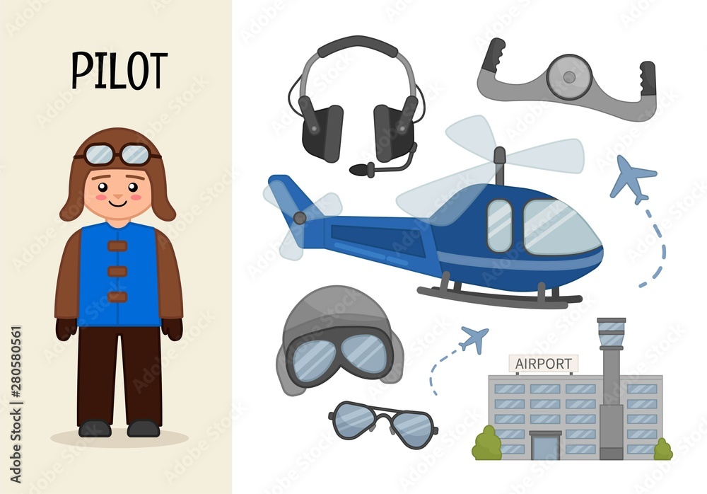 Vector character pilot. Illustrations of diver equipment. Set of ...