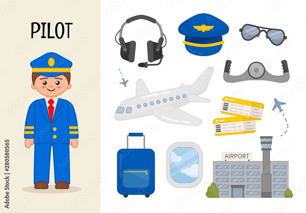 Vector character pilot. Illustrations of diver equipment. Set of ...