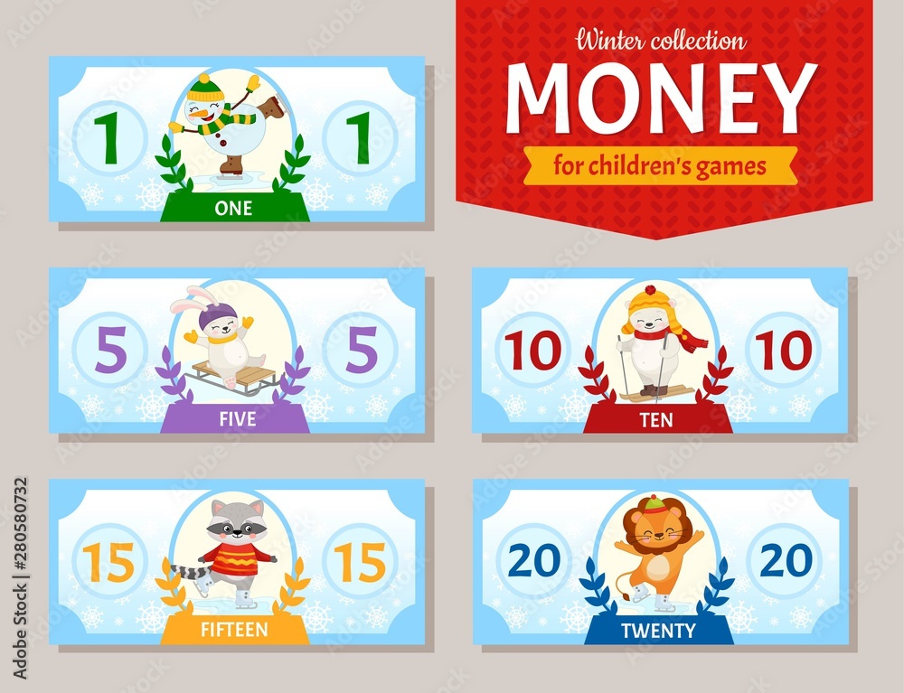 Vector set of paper money for children's games. Cute cartoon animals ...