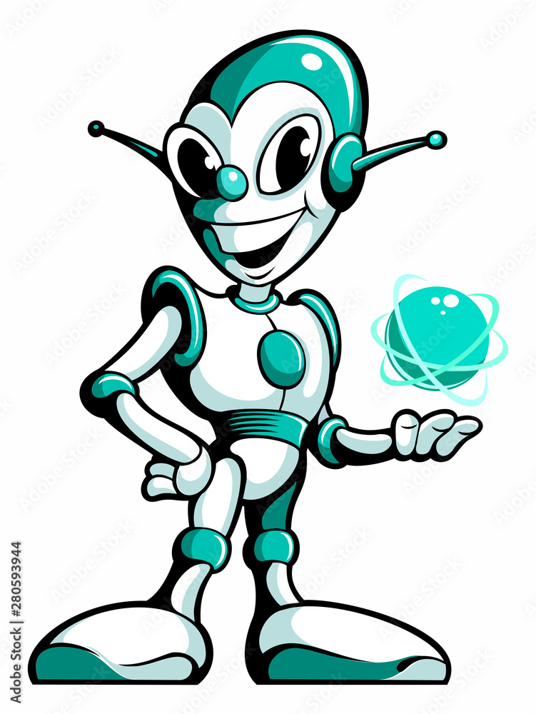 Cartoon style robot, android with the energy ball in his hand, vector ...