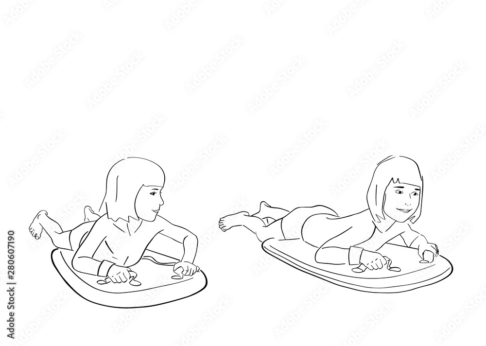 Set of little girls on bodyboard. Vector bodyboarding flat illustration ...