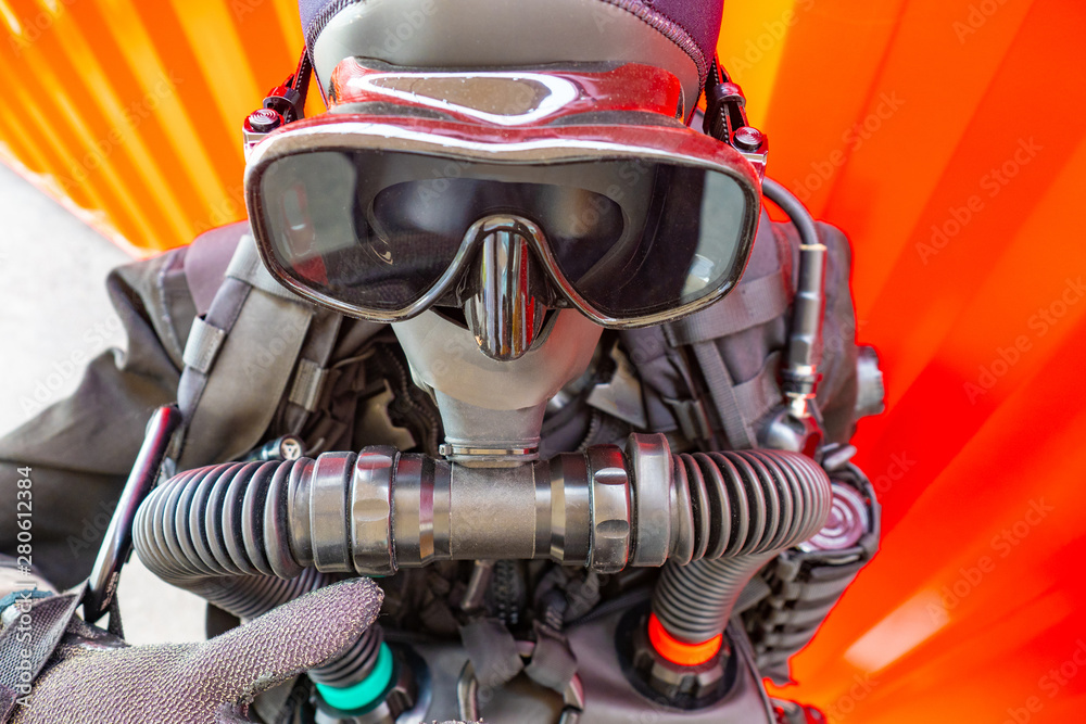 Demonstration of equipment for divers. Dummy demonstrates equipment for ...