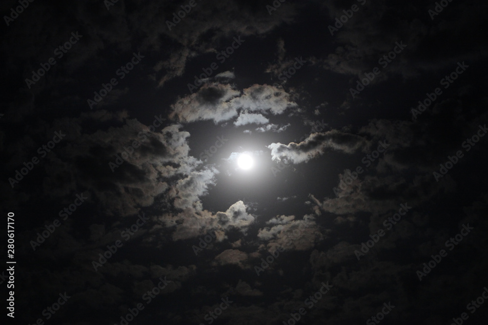 Black night sky with moon and clouds. Nature background. Stock Photo ...