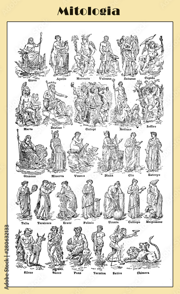 Mythology illustrated table representing the gods and goddesses of ...
