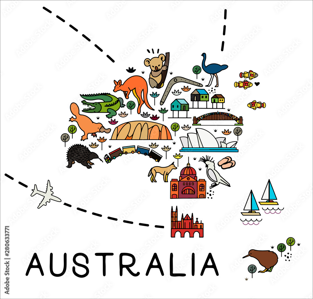 Cartoon map of Australia. Australia travel guide. Travel Poster with ...