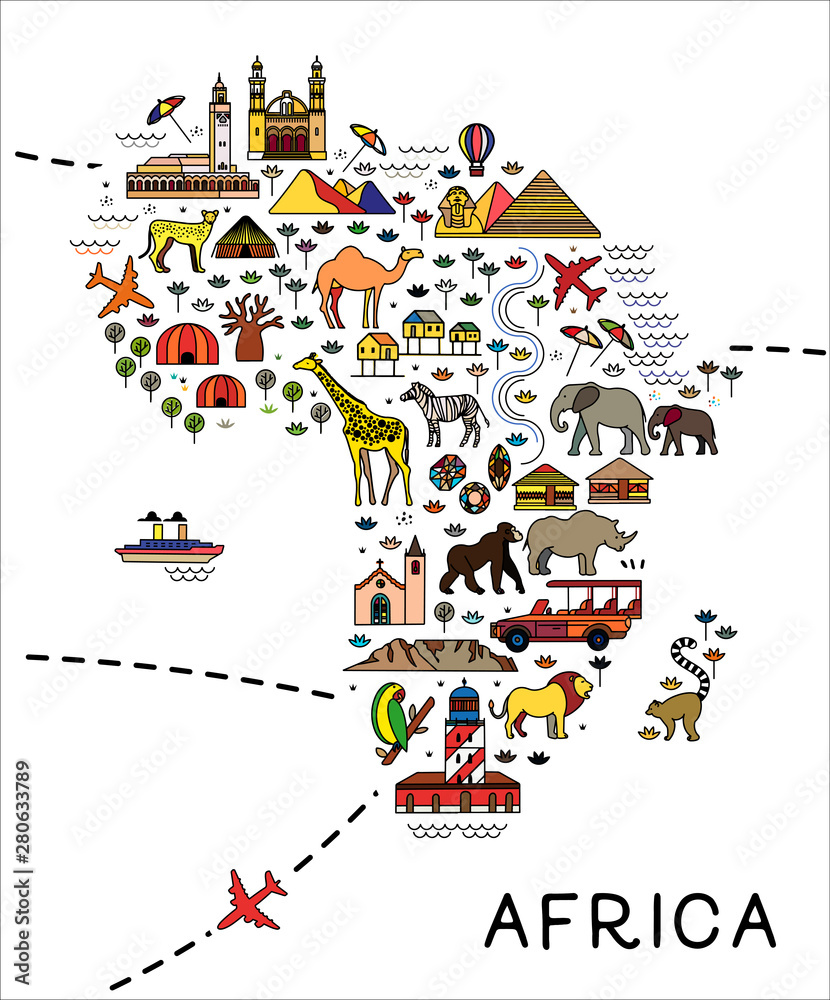 Cartoon map of Africa. Africa travel guide. Travel Poster with animals ...