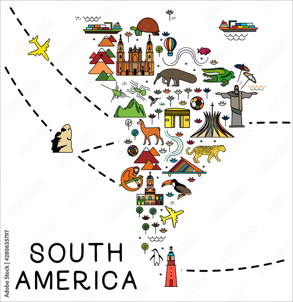 Cartoon map of South America. South America travel guide. Travel Poster ...