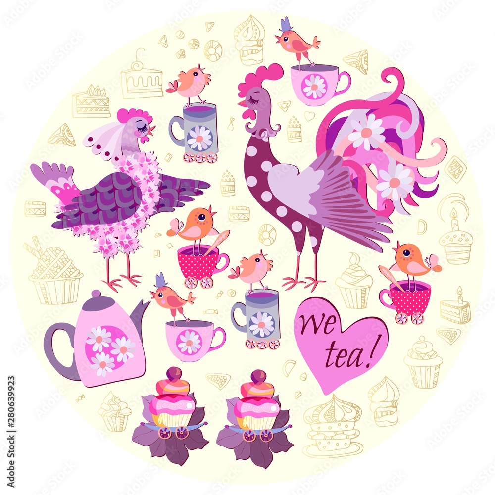Tea party. Beautiful round pattern with funny rooster, hen and spring ...
