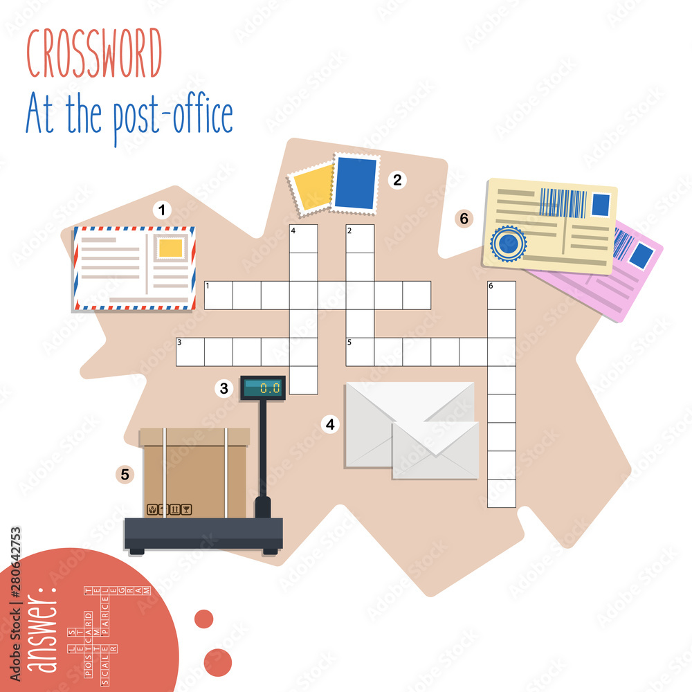 Easy crossword puzzle 'At the post-office', for children in elementary ...