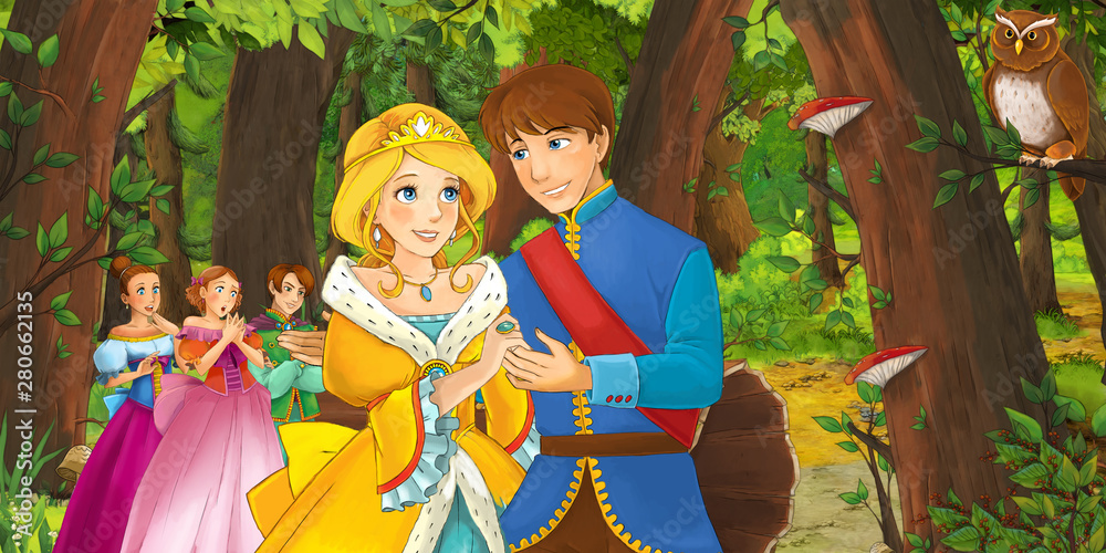 cartoon scene with happy young girl and boy prince and princess in the ...