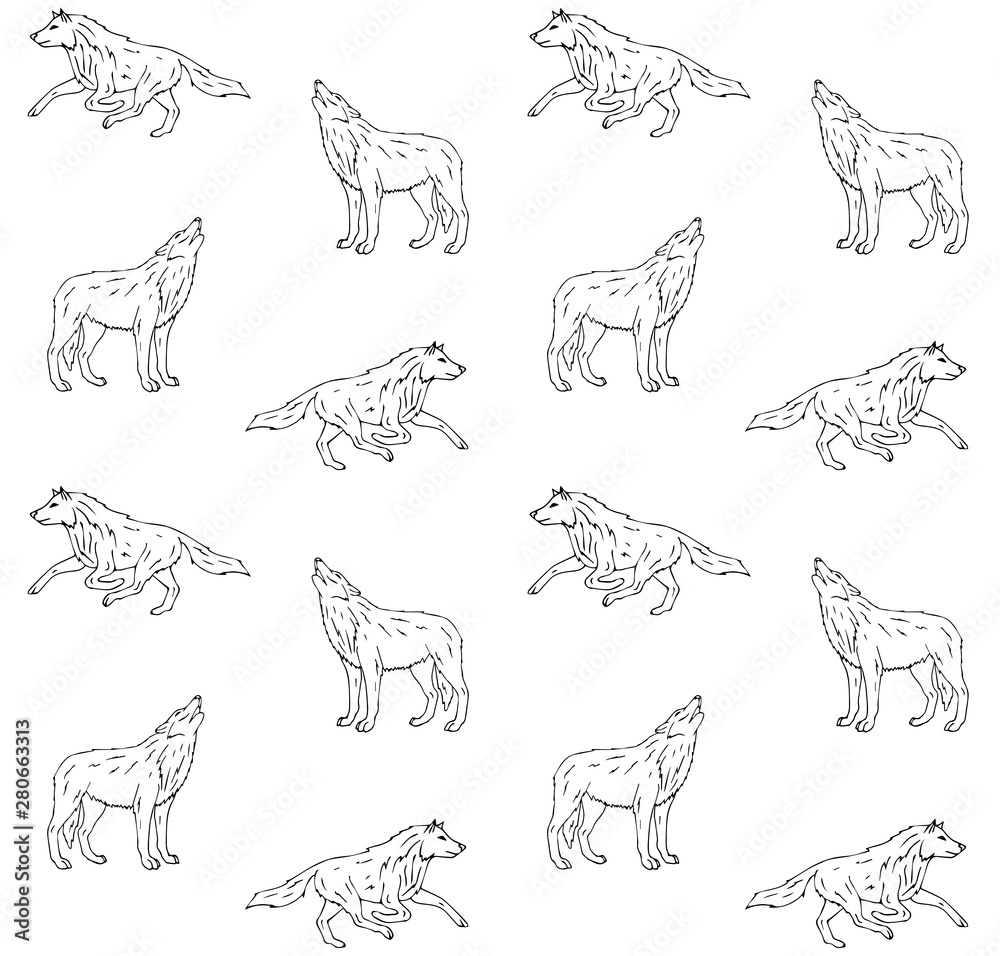 Vector seamless pattern of black outline hand drawn doodle sketch wolf ...