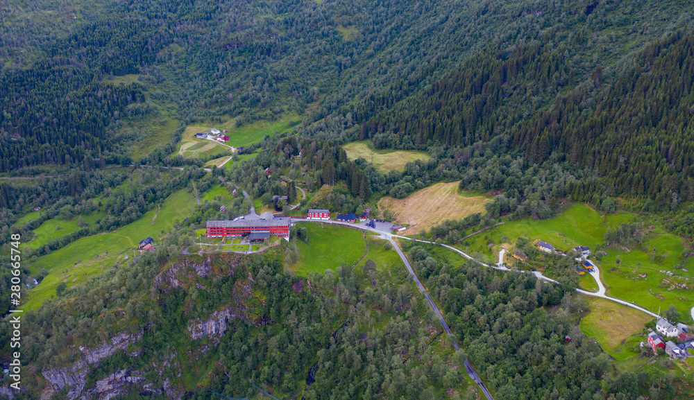 Stalheim, Norway - july 2019: Tourists come to the Stalheim hotel to ...