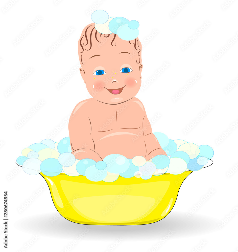 Cute little baby is bathing in the tub. lather. illustration Stock ...