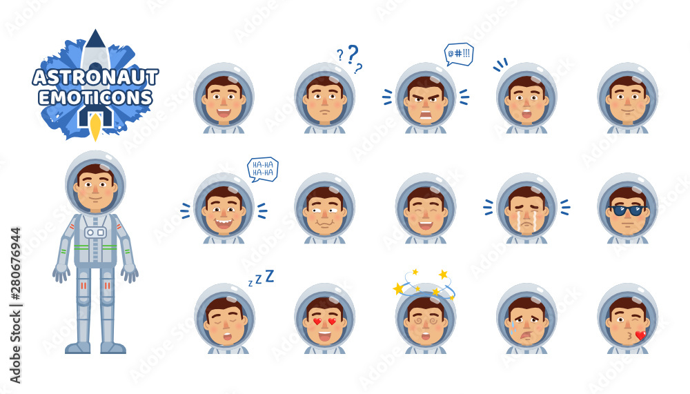 Big set of astronaut emoticons. Spaceman emojis showing different ...