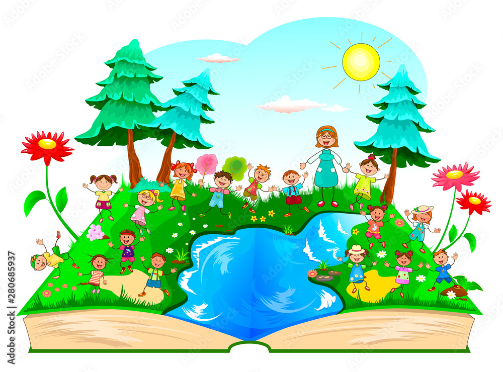 Happy kids playing on nature.Joyful children for a walk in nature ...