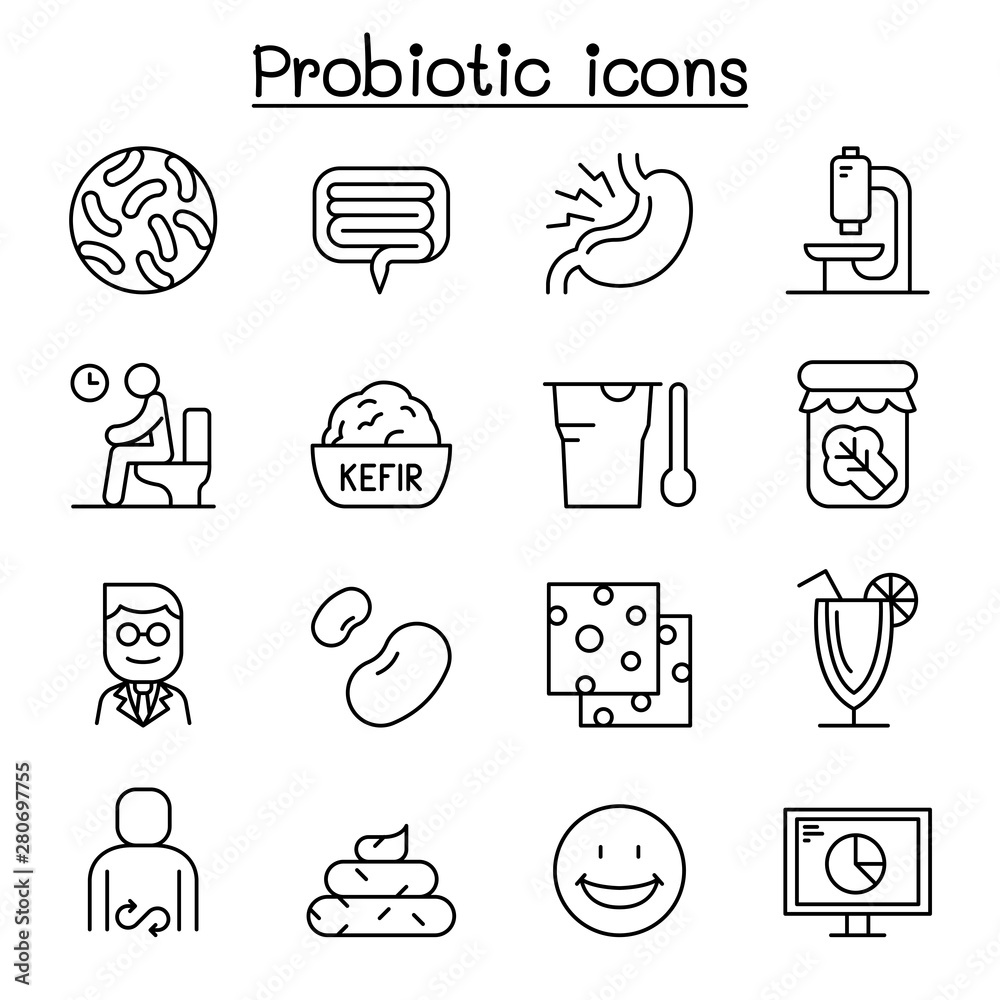 Probiotics bacteria icon set in thin line style Stock Vector | Adobe Stock