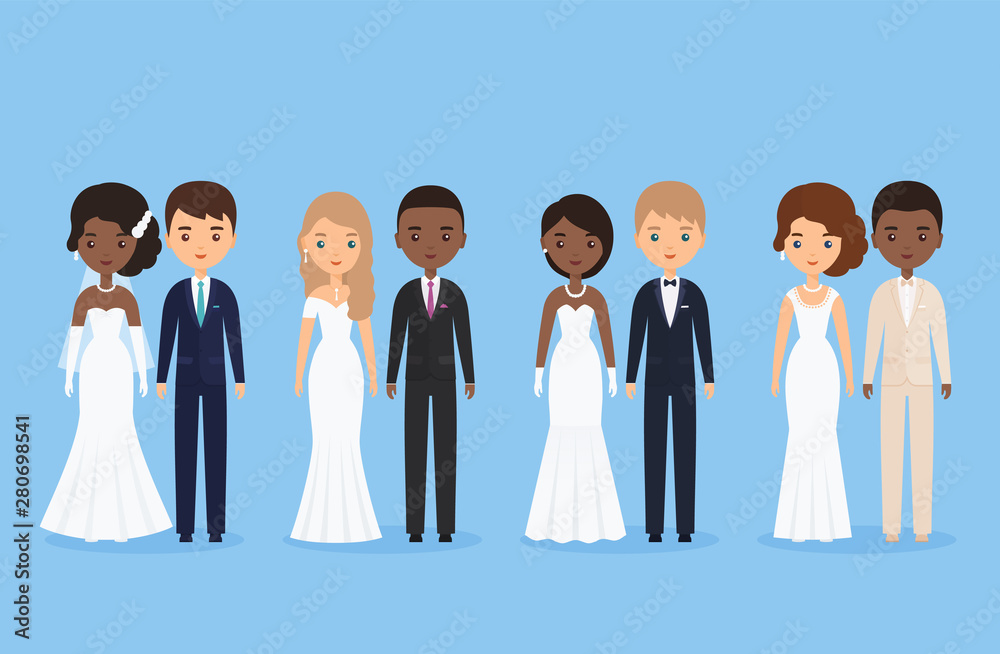 Interracial bride and groom. Mixed newlywed couple. Cartoon wedding ...
