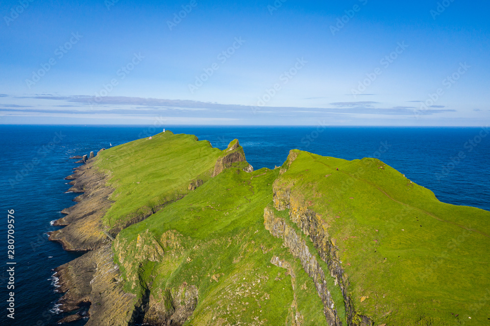 Aerial view of Mykines island in Faroe Islands, North Atlantic Ocean ...