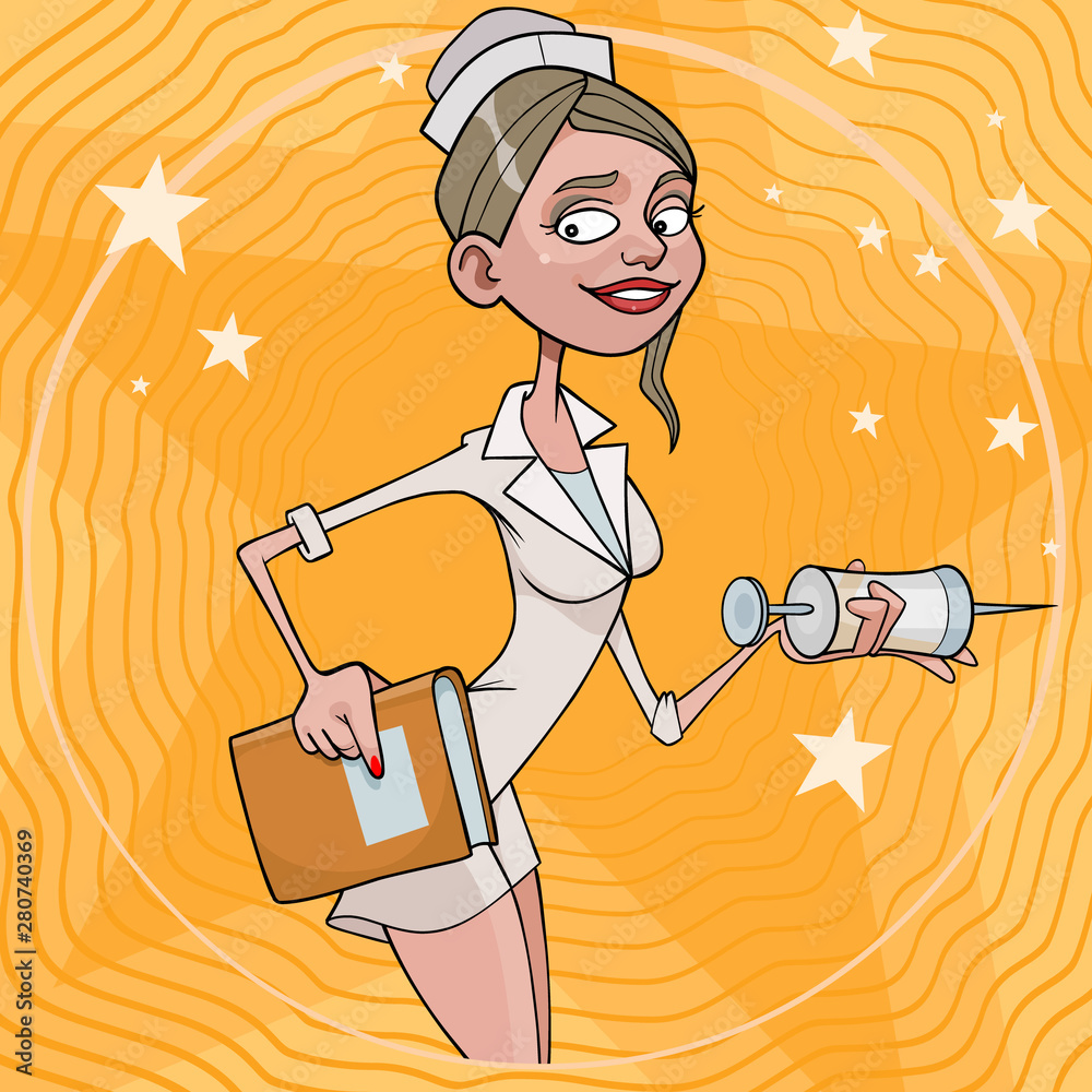cartoon woman in nurse costume with a book and syringe in her hands ...