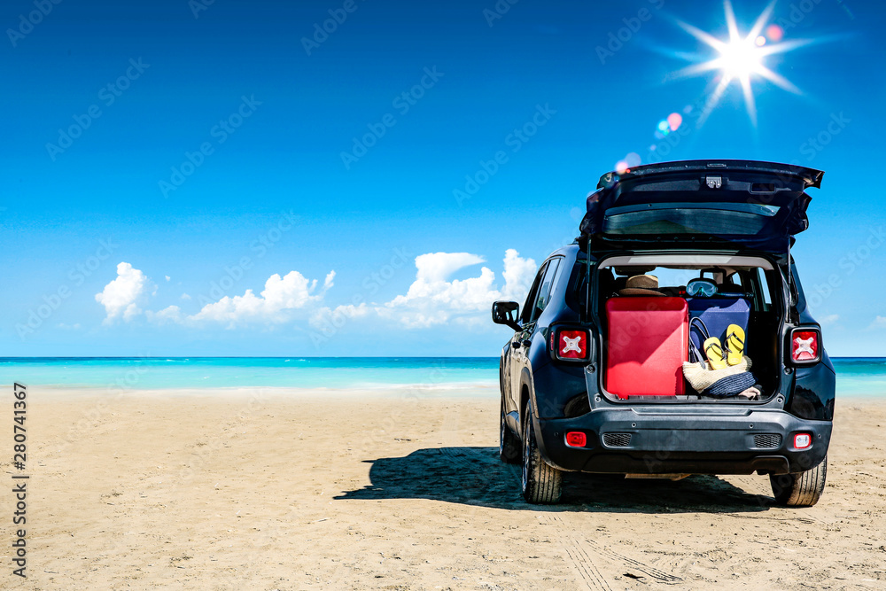 Black summer car and beach landscape Stock Photo | Adobe Stock