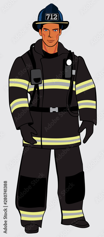 Male firefighter in dark uniform. Full-length figure. Vector full color ...