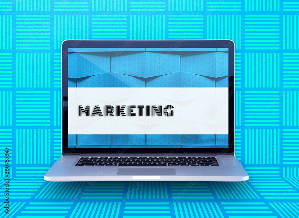 Computer staying on a table & showing the screen. Trendy & vibrant ...