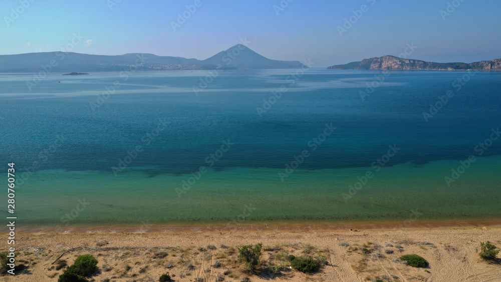 Aerial drone photo of iconic sandy beach of Divari (chrysi akti) with ...