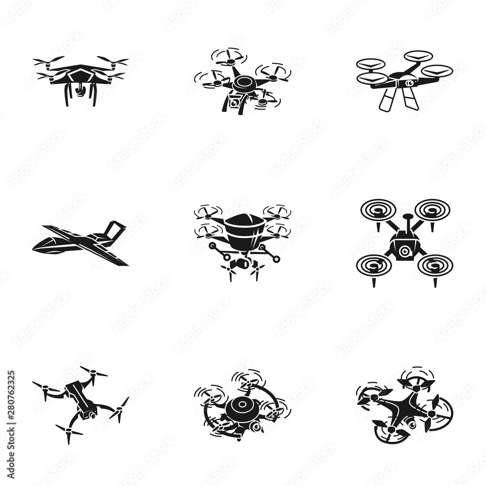 Flying drone icon set. Simple set of 9 flying drone vector icons for ...
