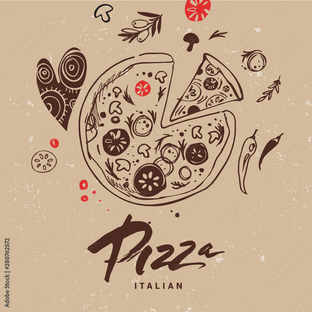 Italian pizza made with passion, love. Cooking vector editable template ...