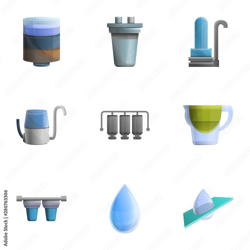 Water filter icon set. Cartoon set of 9 water filter vector icons for ...