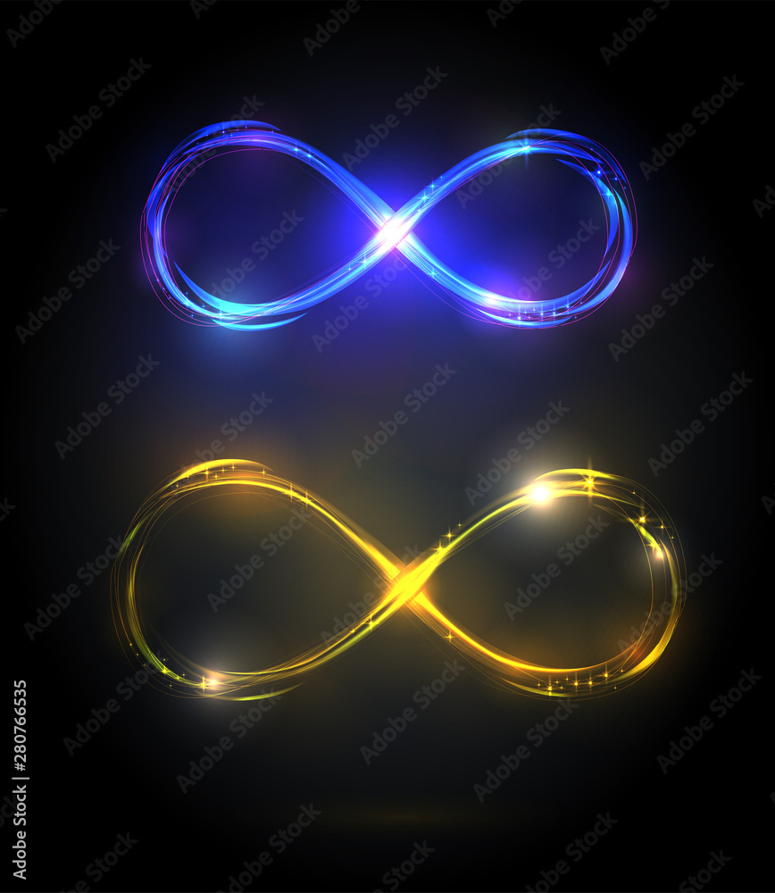Set of the shining infinity symbols. Blue and yellow bright signs ...