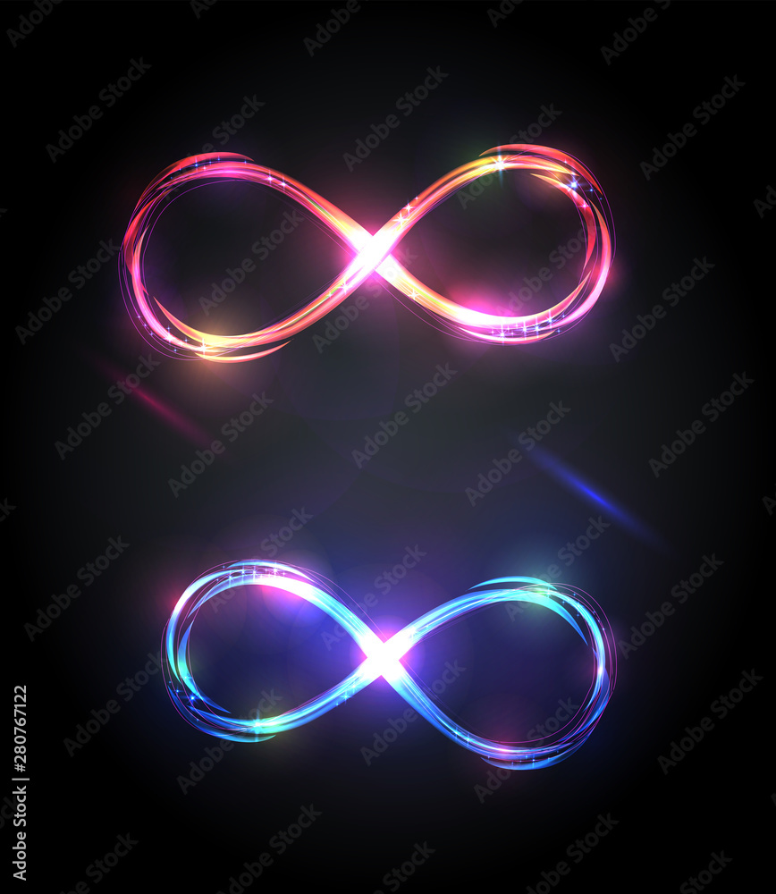 Set of the shining infinity symbols. Red and blue bright signs. Dynamic ...